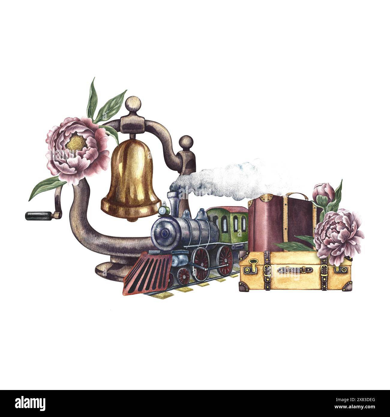 Vintage steam locomotive, suitcases and a steam locomotive bell ...