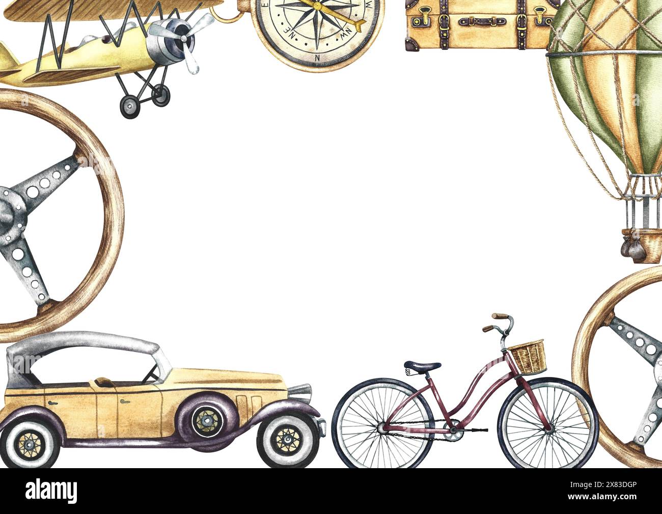 Border frame with vintage transports over land and sky Retro cars ...