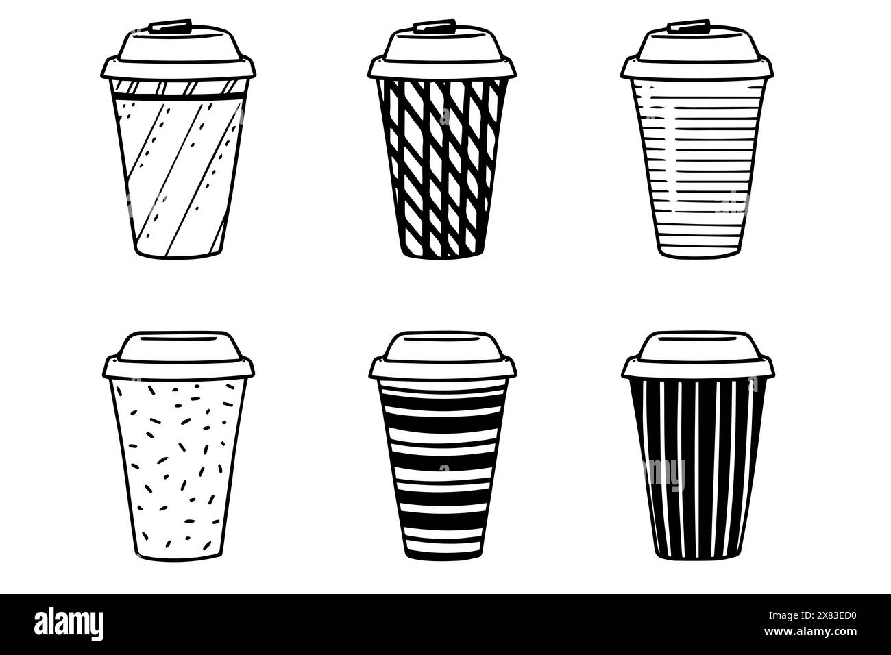 Set of taleaway paper coffee cup hand drawn ink sketch. Engraved style ...