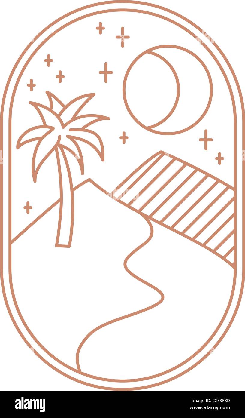 Night oasis boho logo. sand, moon, palm, stars landscape aesthetic ...