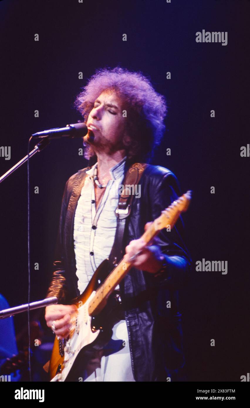 Bob Dylan performs at a sold out Civic Center during his first concert ...