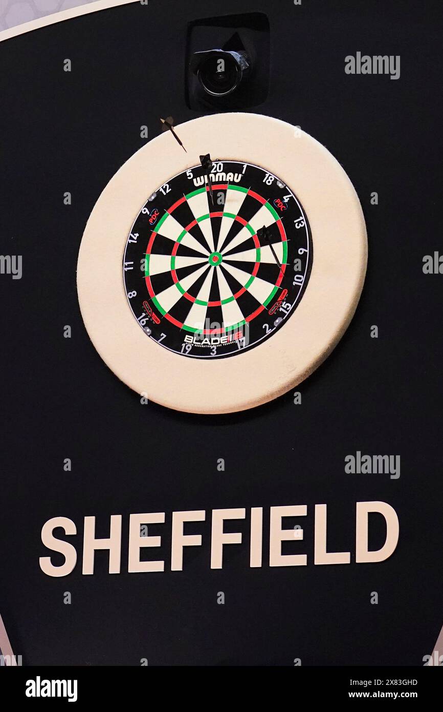 Sheffield, UK. 16th May, 2024. Luke Littler throws during the 2024 ...
