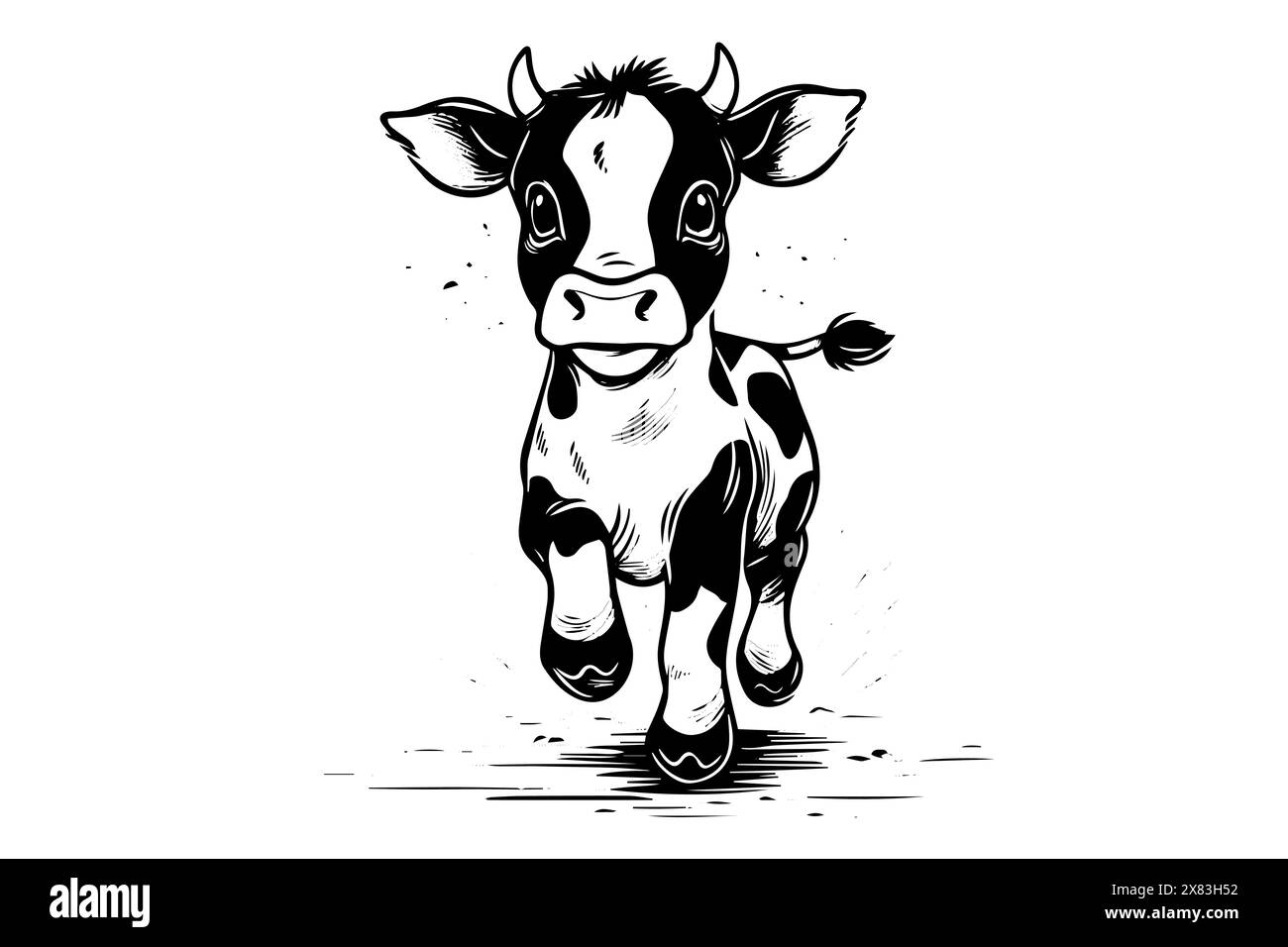 Cute baby cow hand drawn ink sketch. Engraved style vector illustration ...