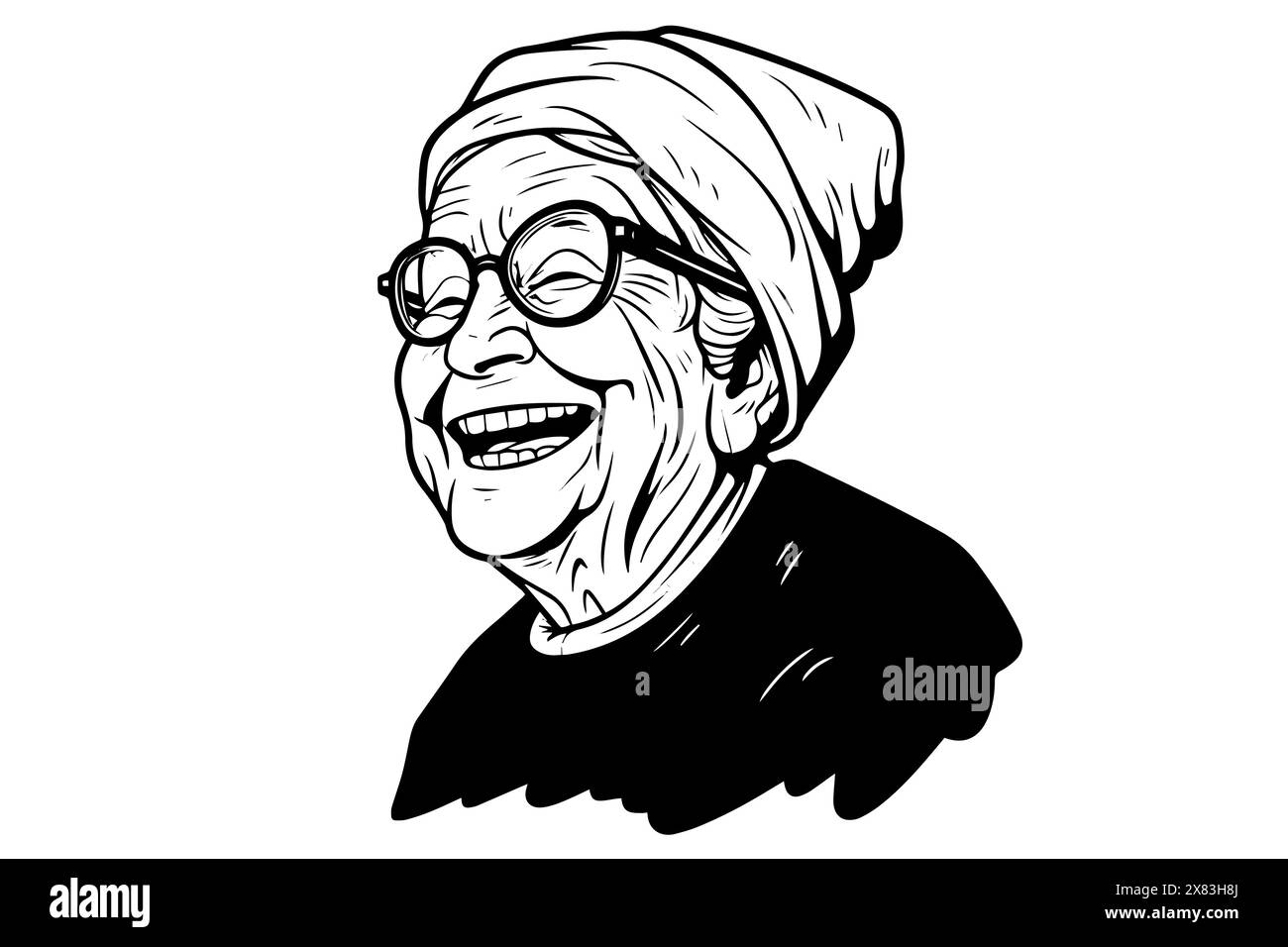 Cute smiling granny hand drawn ink sketch. Engraved style vector ...