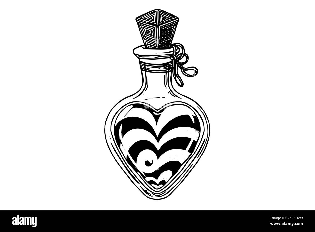 Magic bottle with love potion hand drawn ink sketch. Engraved style ...