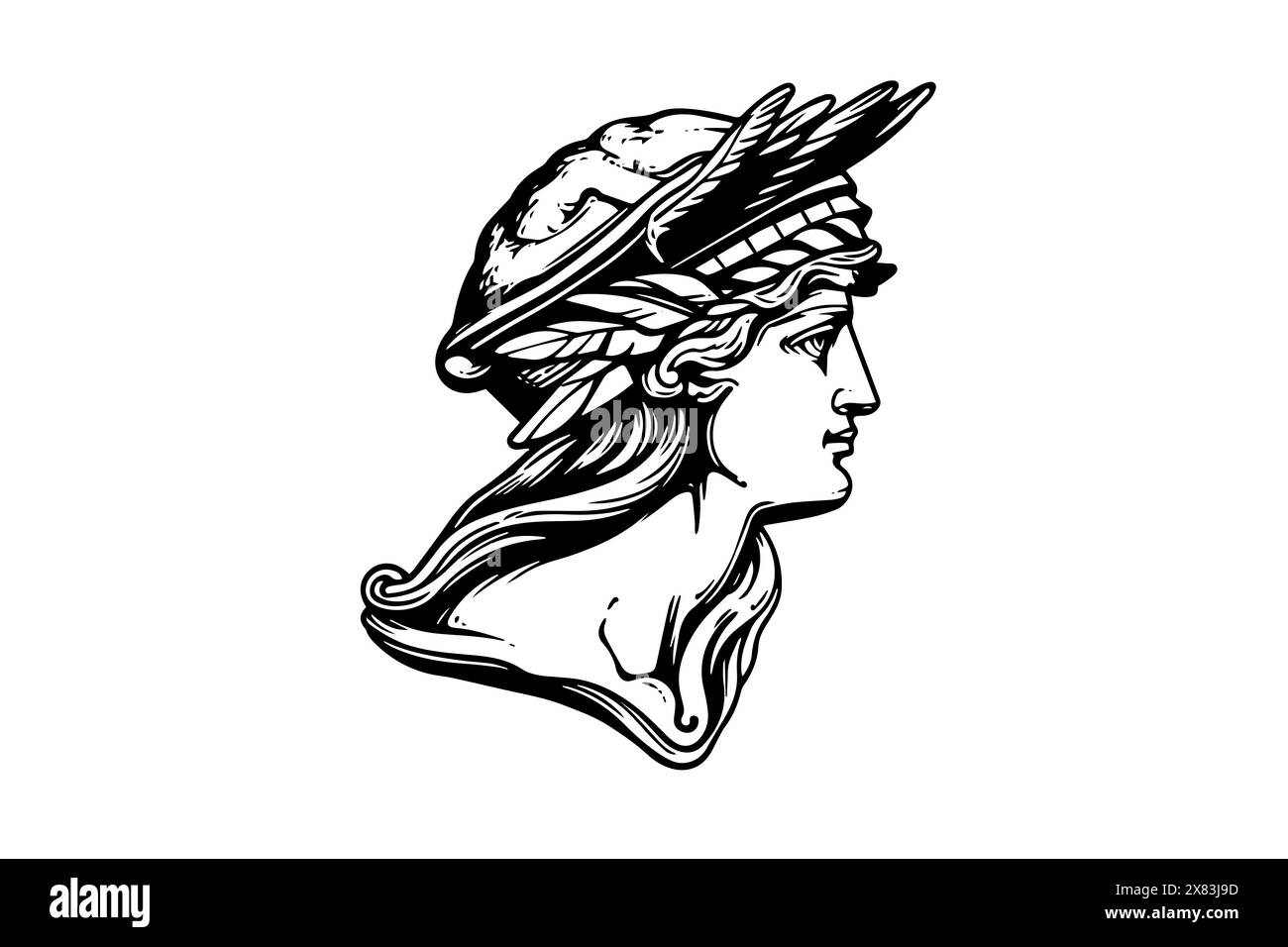 Hermes head hand drawn ink sketch. Engraved style vector illustration ...