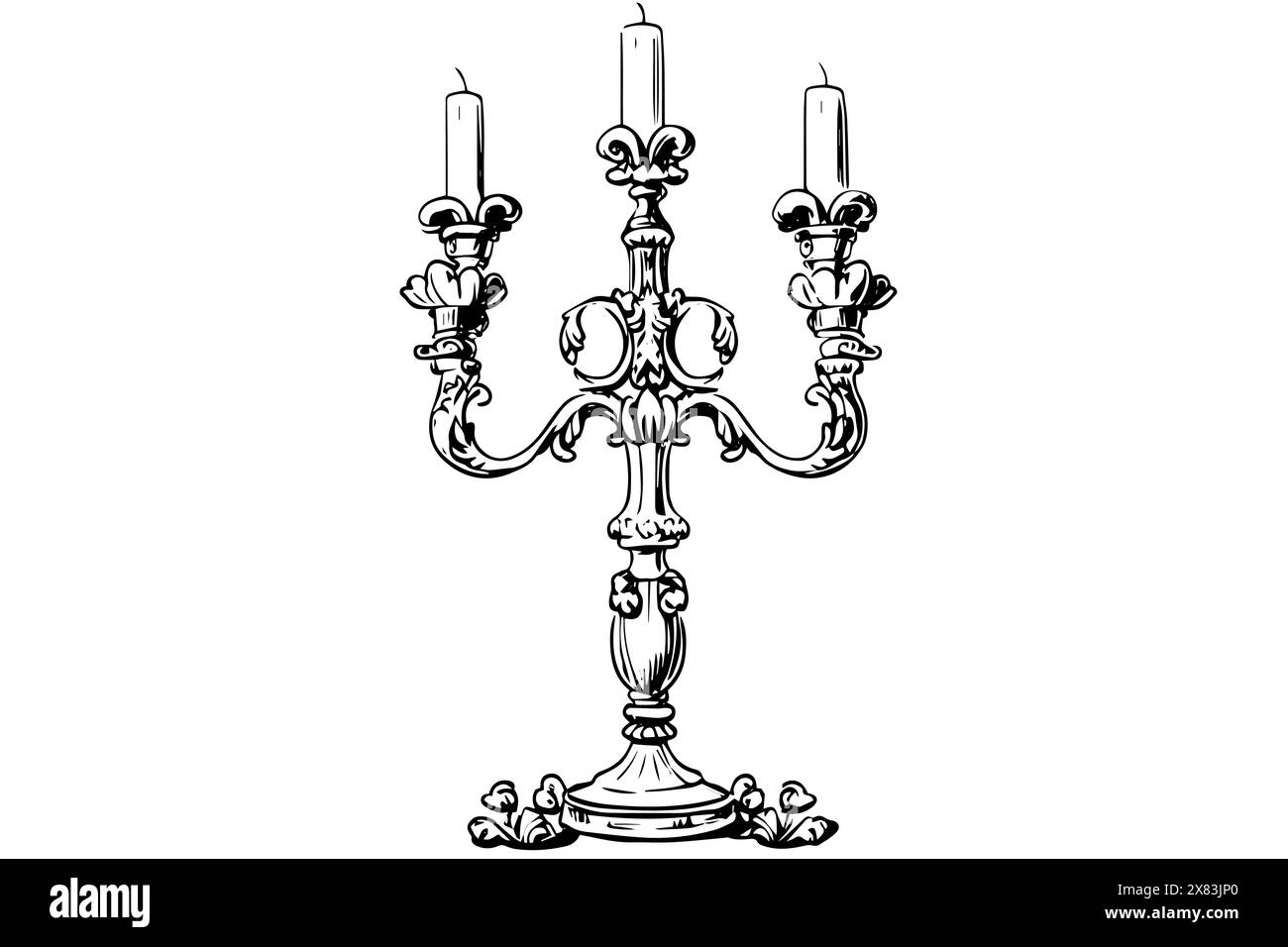 Black candlestick engraved in retro style on white background. Hand drawn doodle sketch style ...