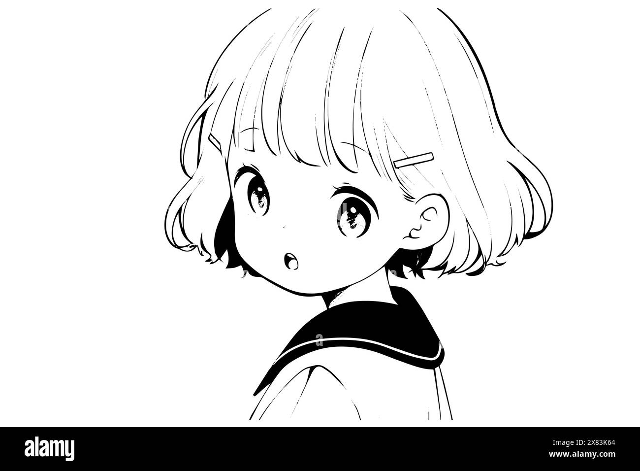 Cute little girl with big eyes hand drawn ink sketch. Manga or anime ...