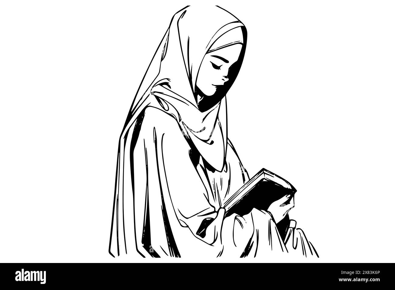 Islam Woman In Hijab Read Book Hand Drawn Ink Sketch Engraved Style