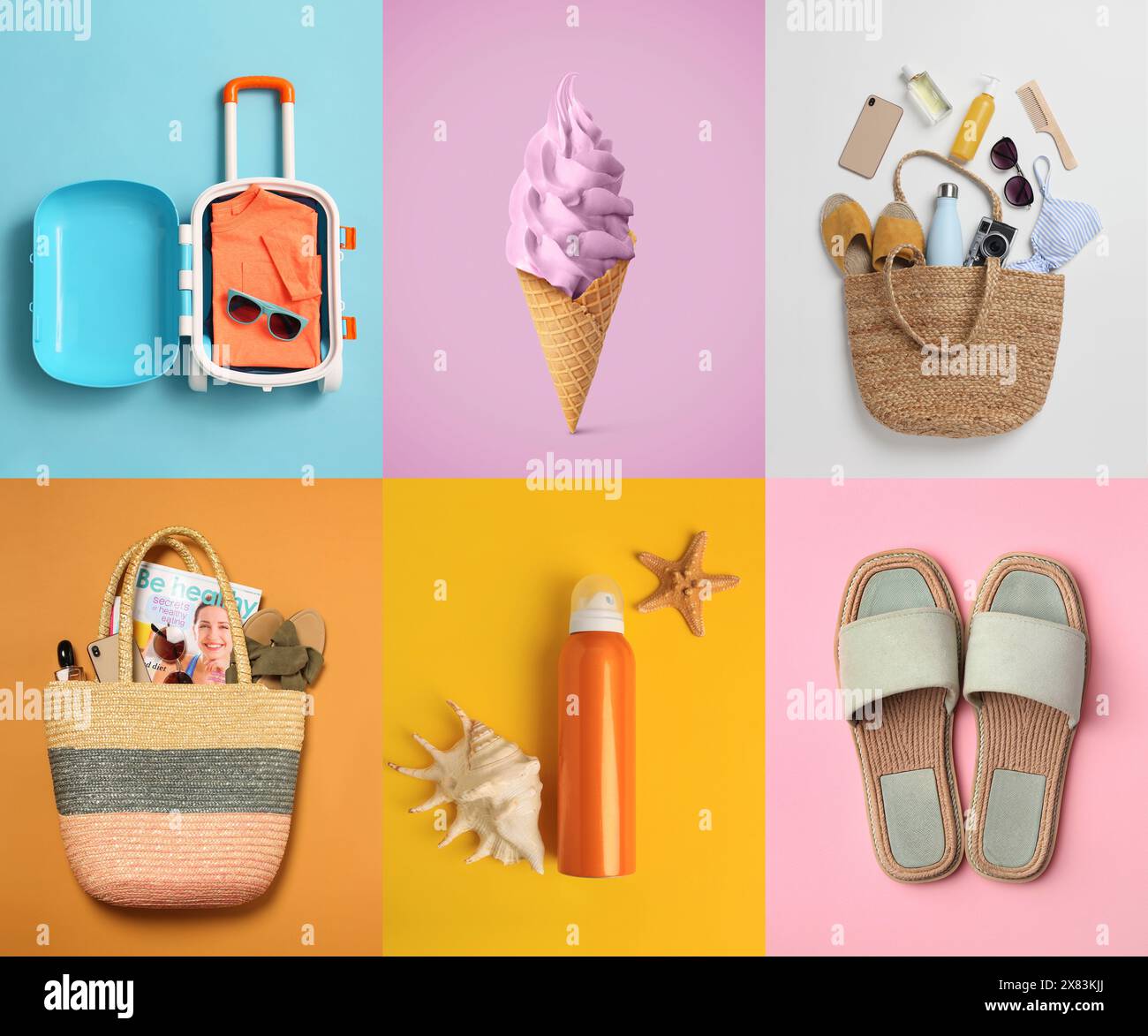 Summer vibes. Collage with ice cream and beach stuff Stock Photo - Alamy