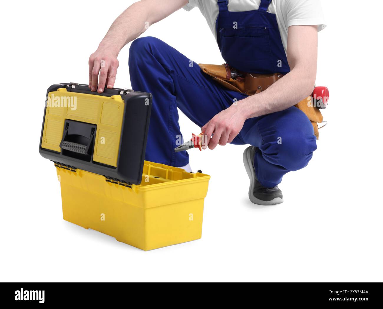 Professional repairman with tool box on white background Stock Photo ...