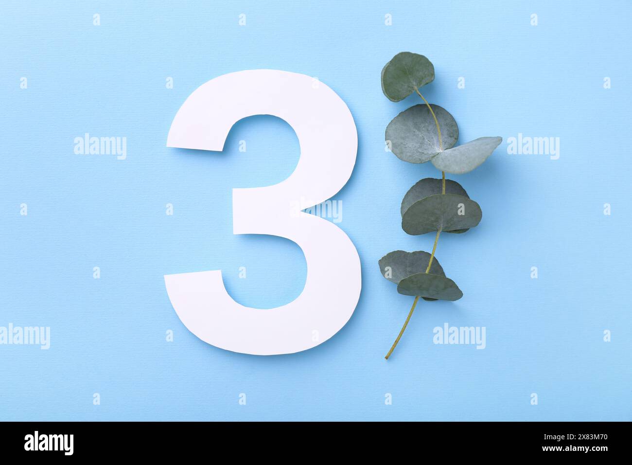 Paper number 3 and eucalyptus branch on light blue background, top view ...