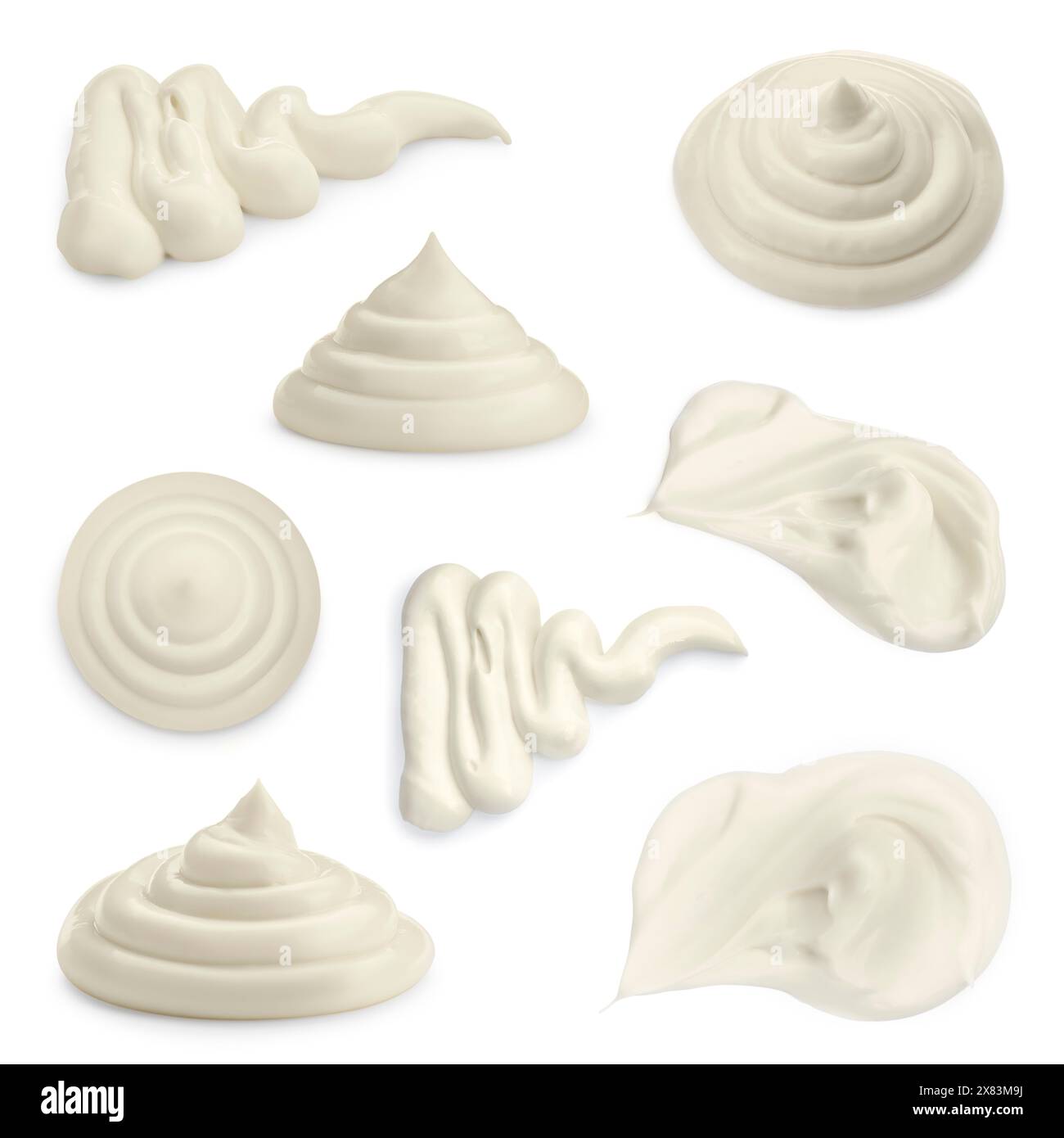 Sour cream or mayonnaise smears isolated on white, set. Delicious sauce ...