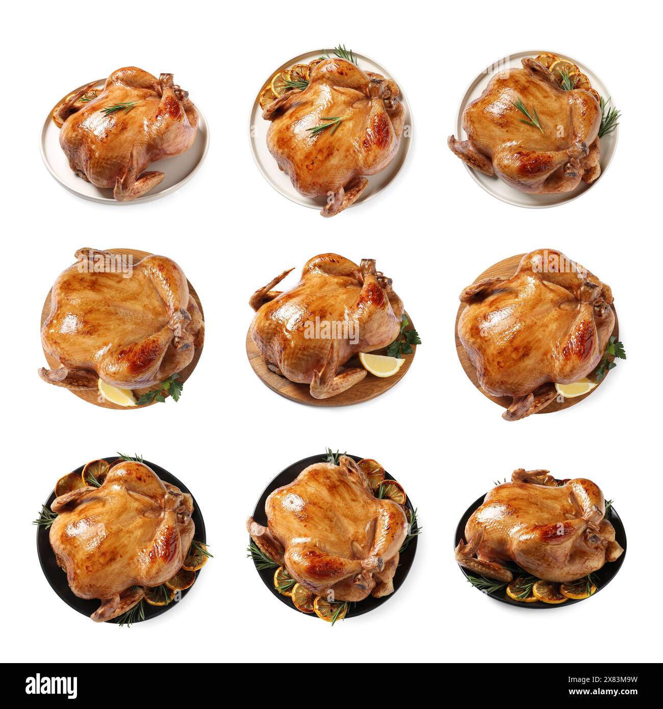 Delicious roasted chickens isolated on white, top and side views. Set ...