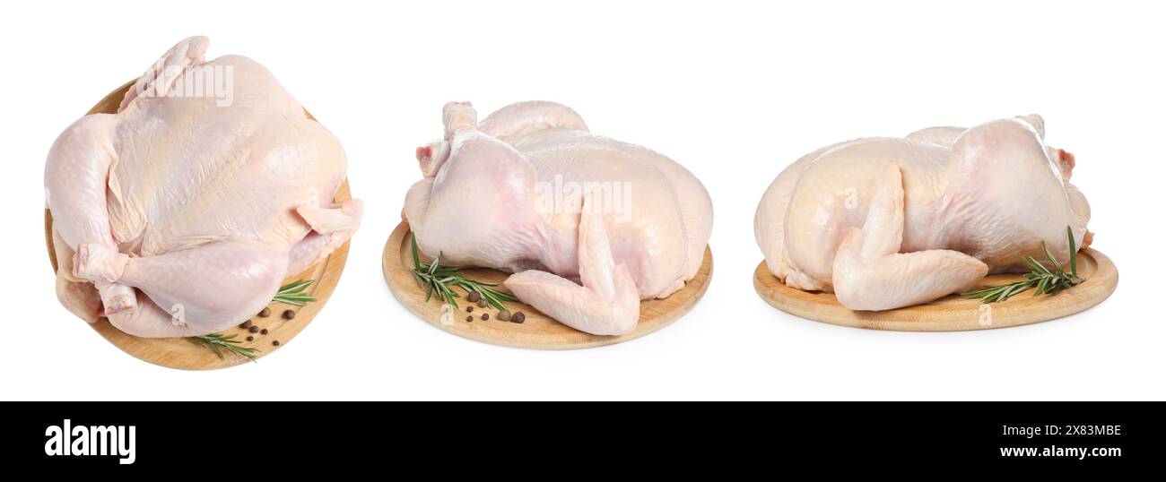 Set of whole raw chicken isolated on white, different sides Stock Photo ...