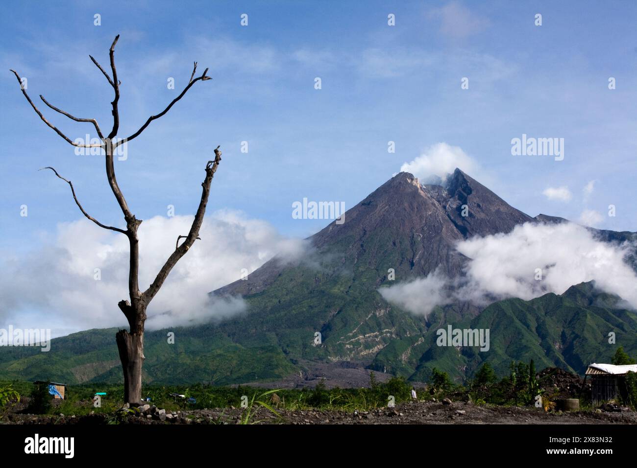 Mount Merapi, a cone-shaped and most active type of volcano in ...