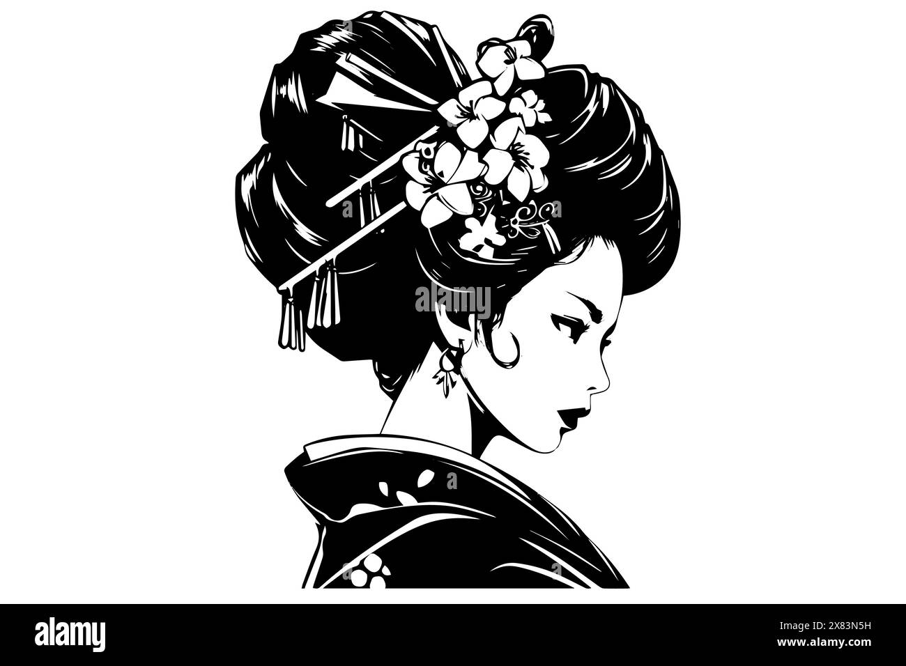 Traditional Japanese geisha in a kimono portrait in engraved style ...