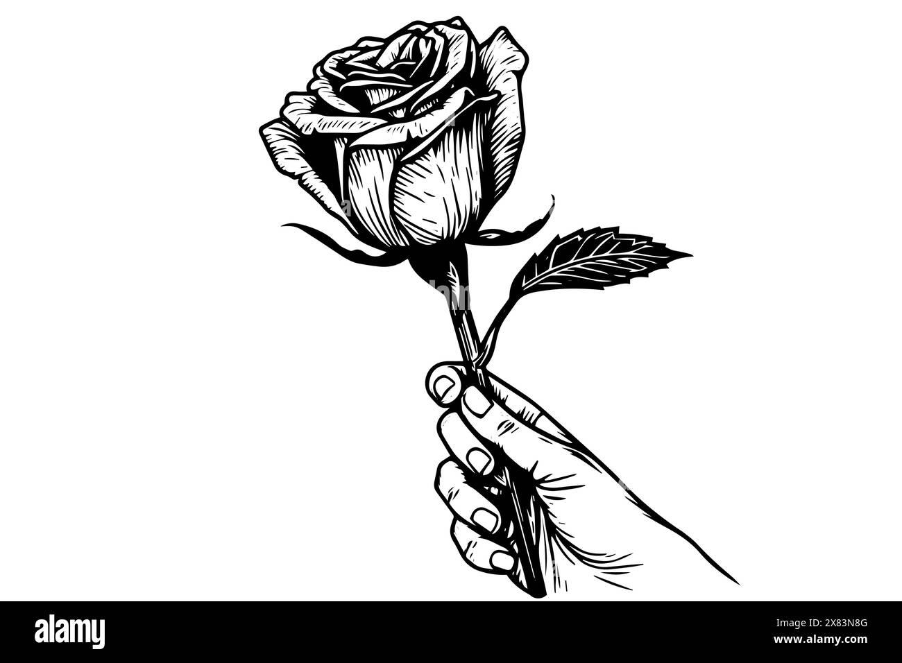 Vintage Hand-Drawn Rose in hand: Black and White Tattoo Vector Print ...