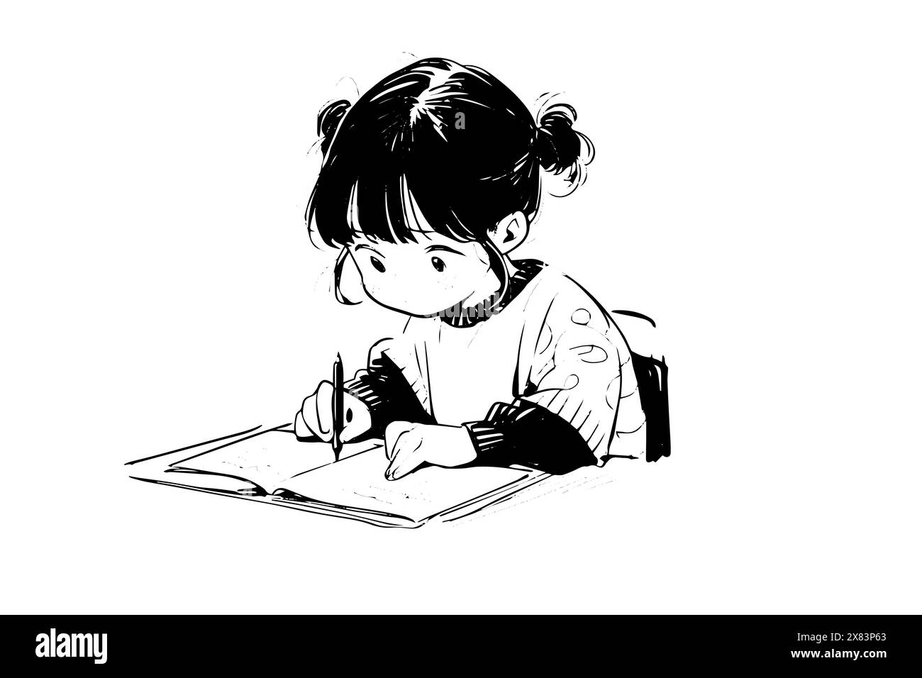 Girl write. Child study, education school hand drawn vector sketch ...