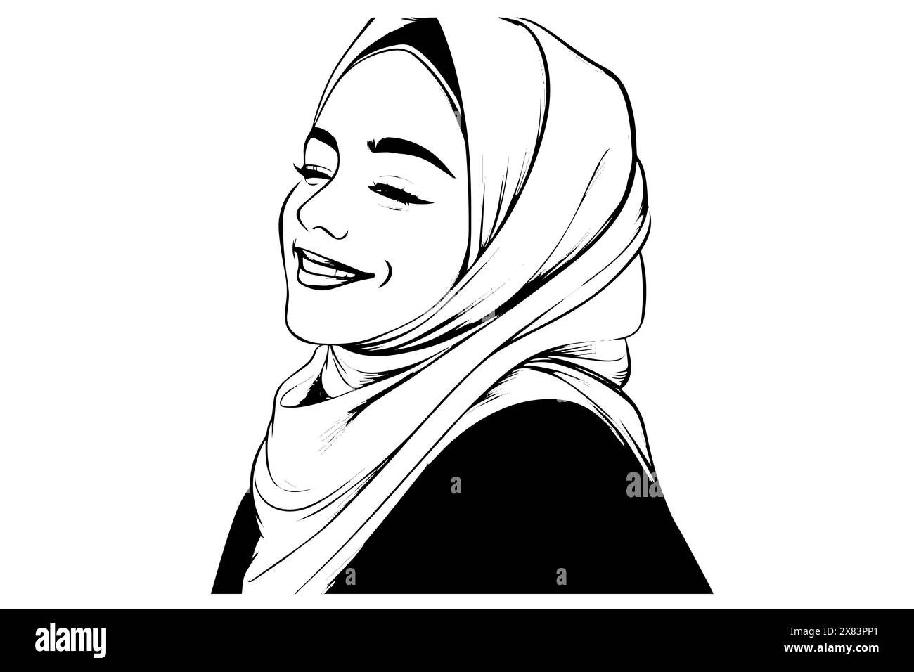 Happy islam woman in hijab hand drawn ink sketch. Engraved style vector ...