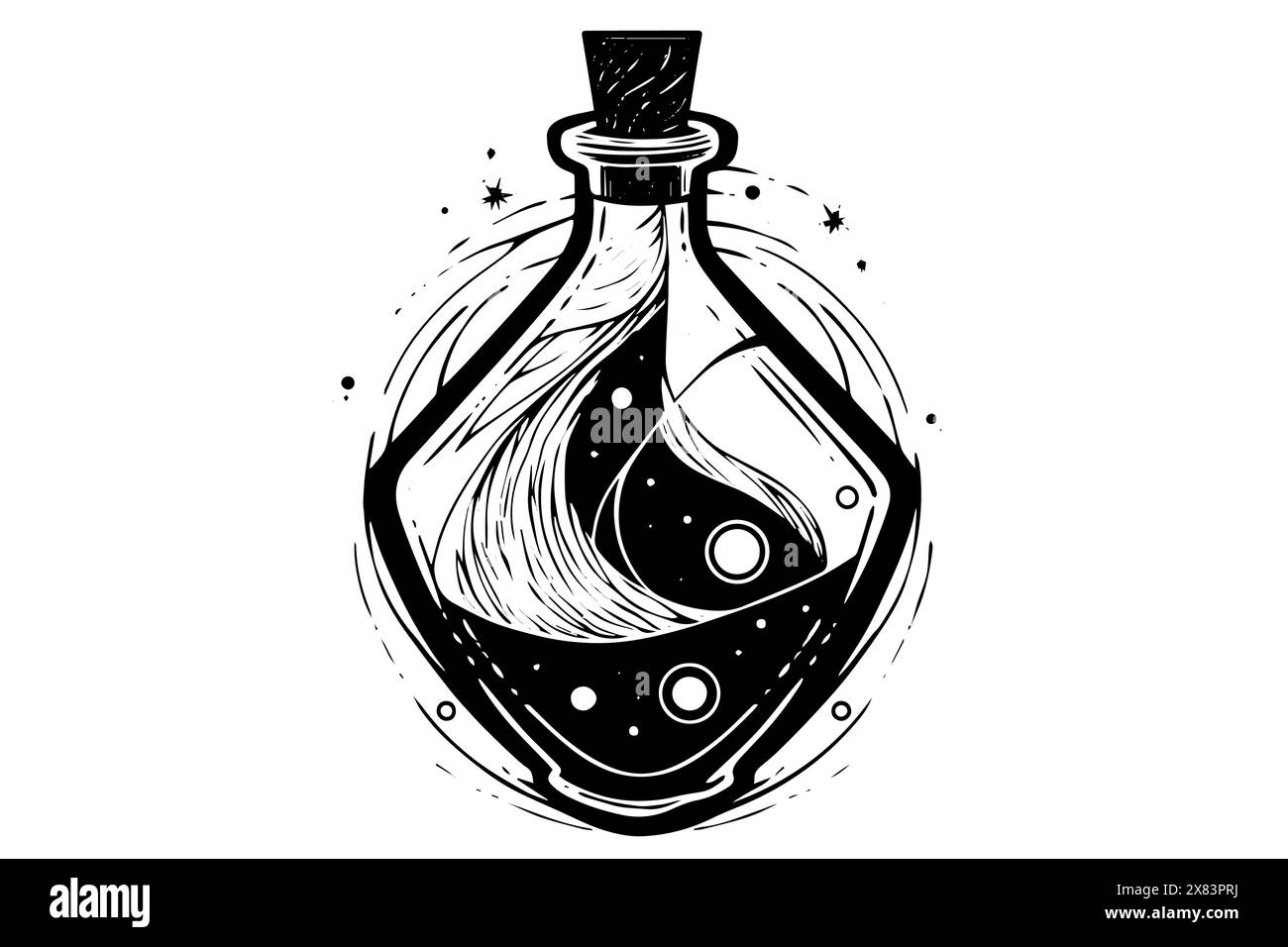 Magic bottle with potion hand drawn ink sketch. Engraved style vector ...