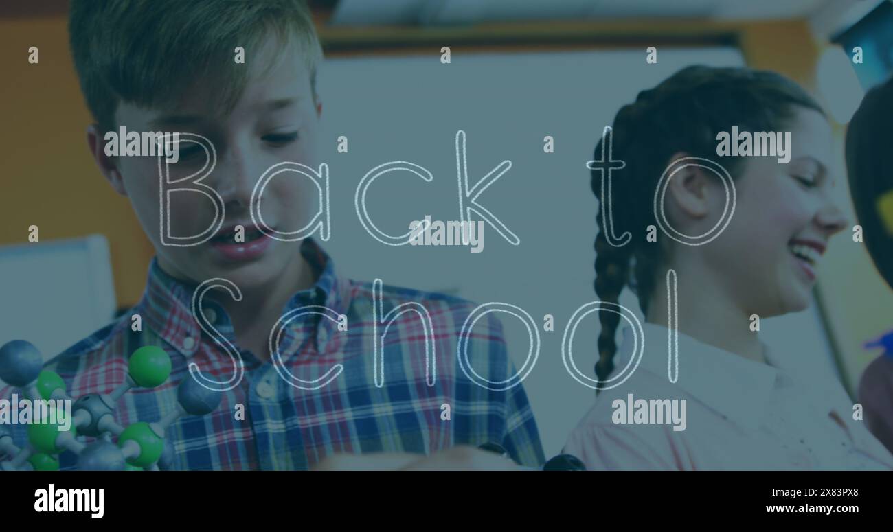 Image of back to school text over diverse schoolchildren with models in ...