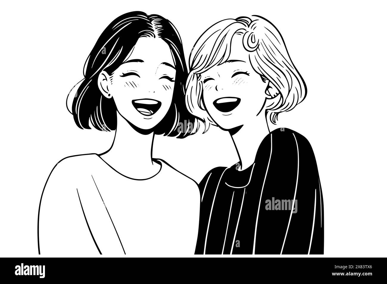 Two happy girl have fun and laugh vector sketch. Beauty woman best ...