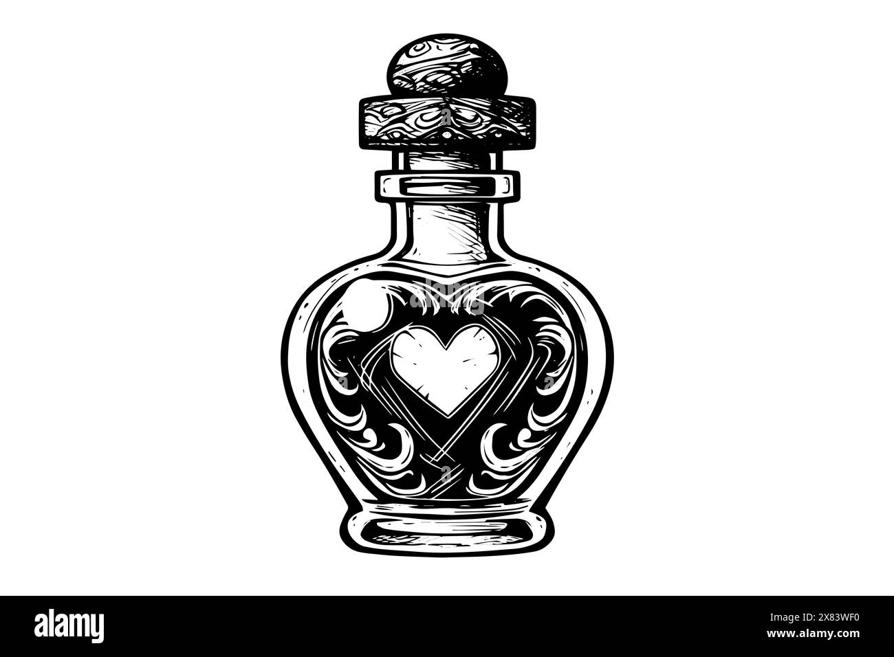 Magic bottle with love potion hand drawn ink sketch. Engraved style ...