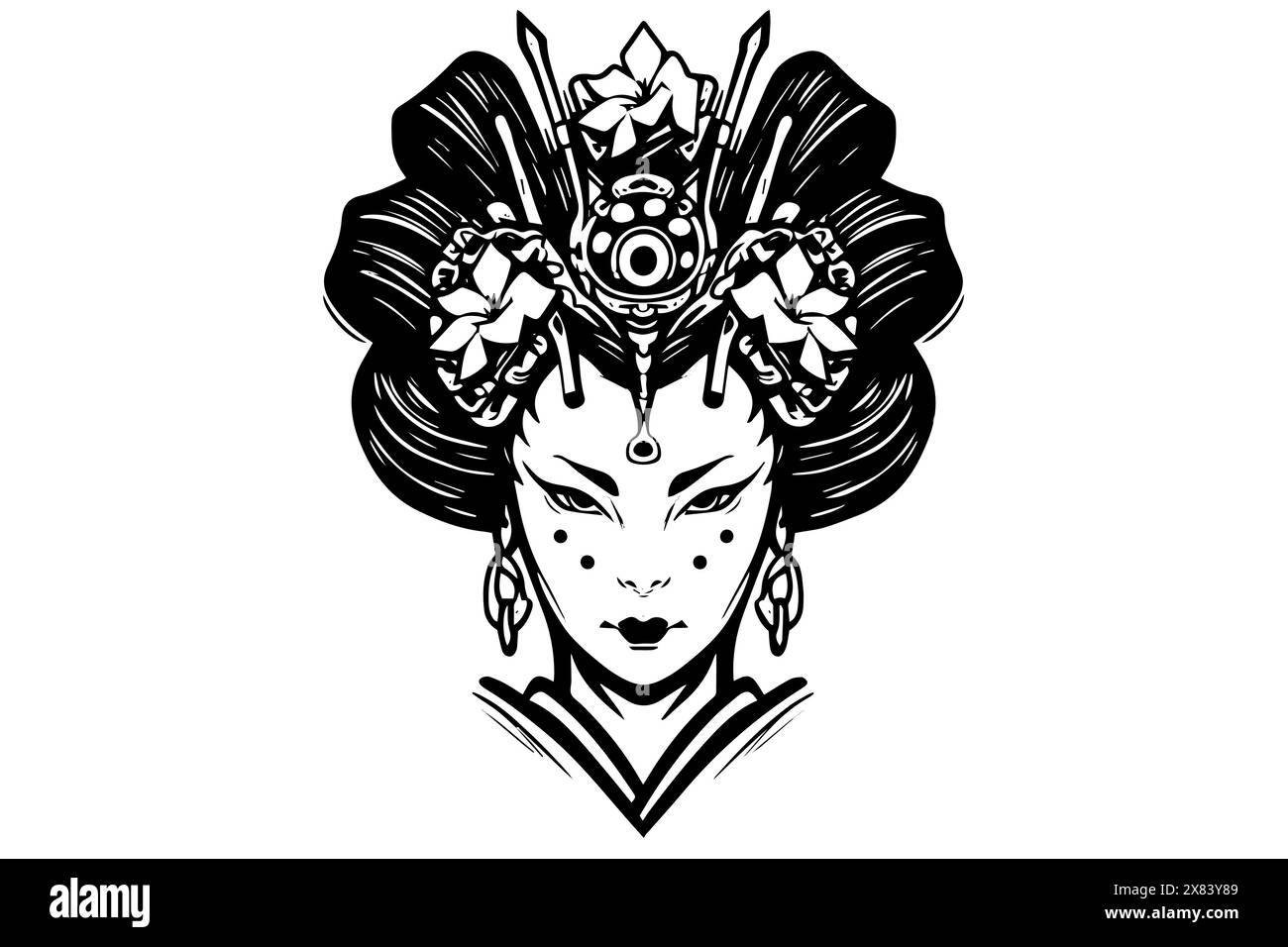 Traditional Japanese geisha in a kimono portrait in engraved style ...