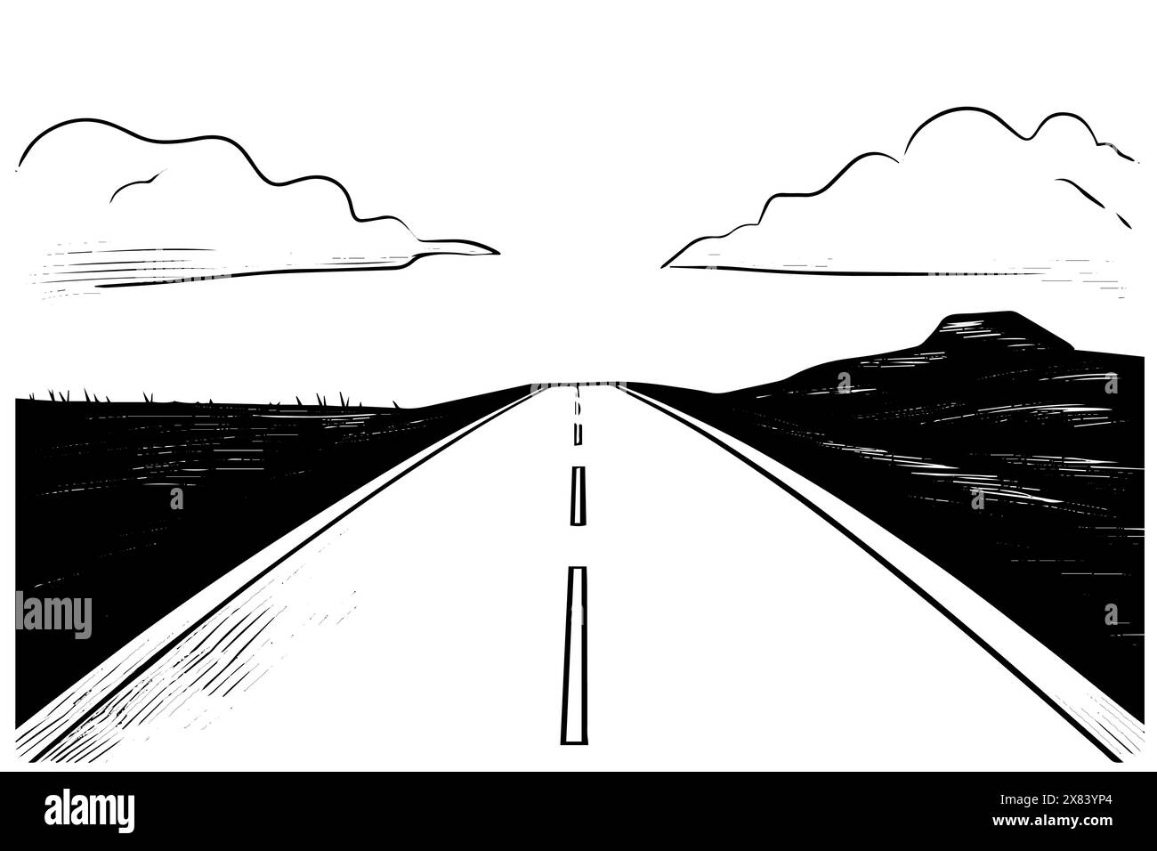 Simple road hand drawn ink sketch highway landscape. Engraved style ...