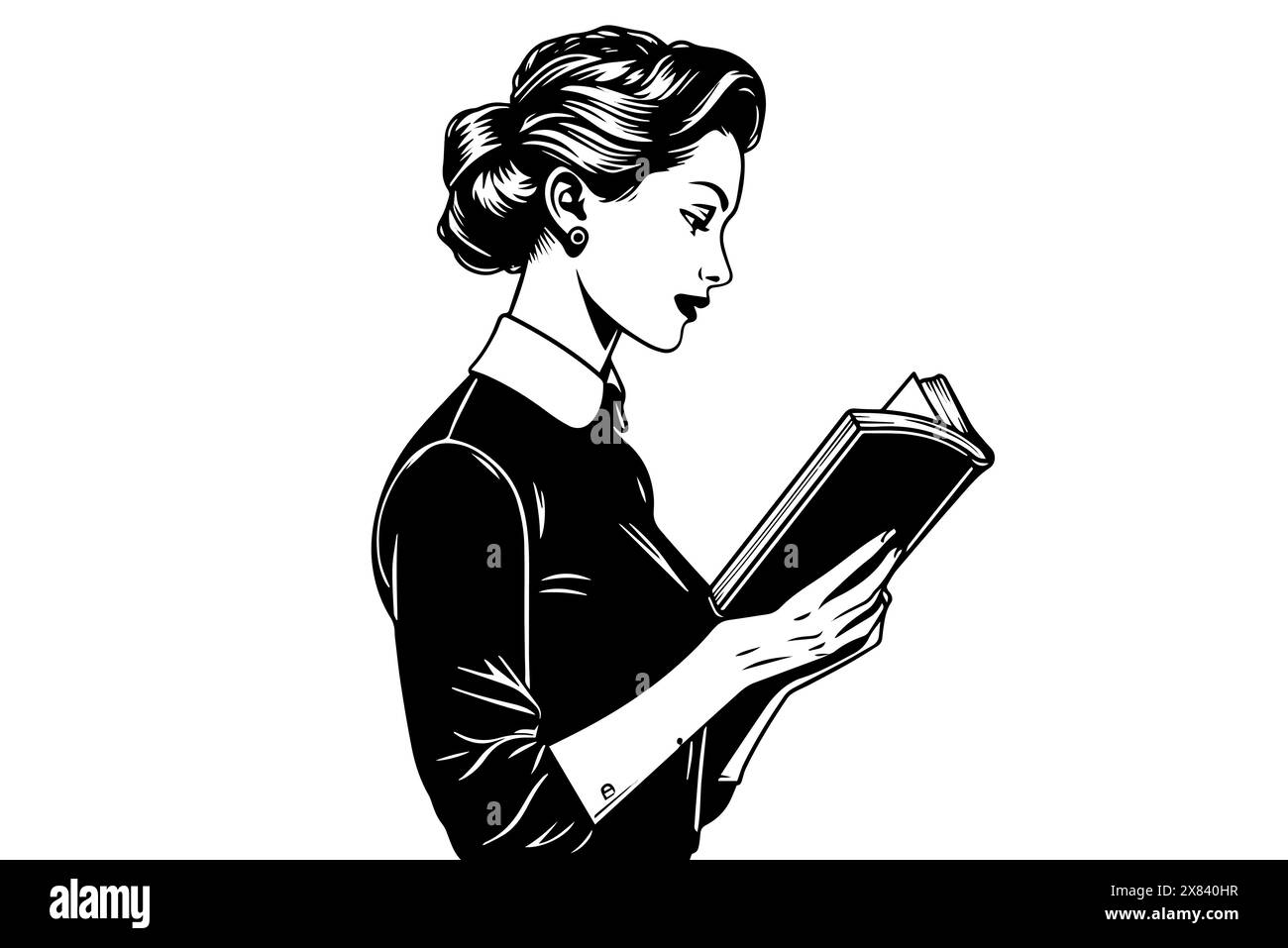 Businness woman read book ink drawing sketch. Pop art style black and ...