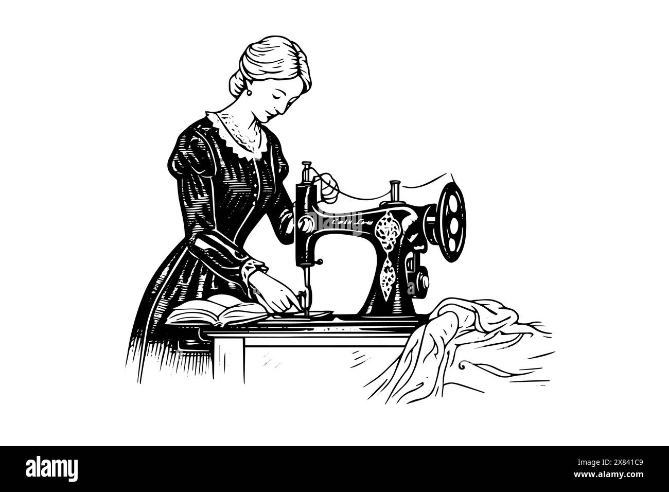 A Seamstress Woman Works At A Retro Sewing Machine In Egraving Style