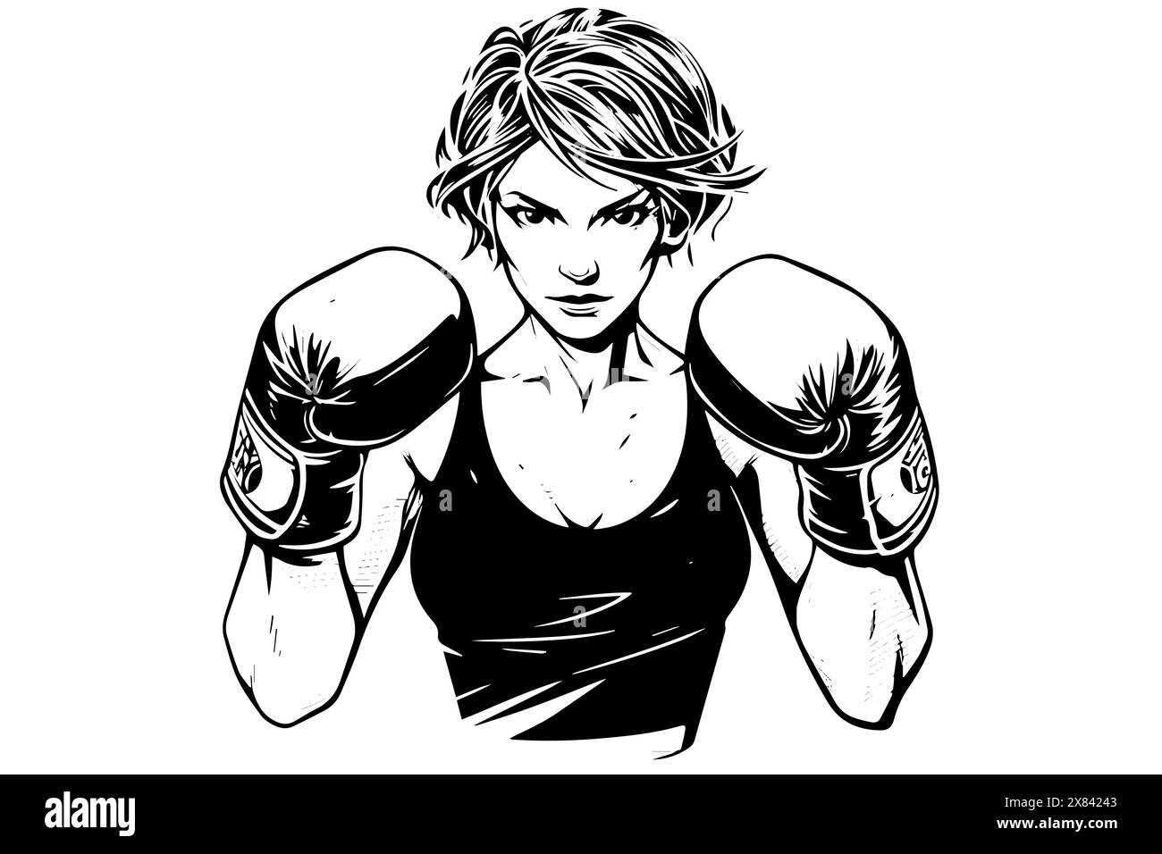 Woman boxer hand drawn ink sketch. Engraved style vector illustration ...
