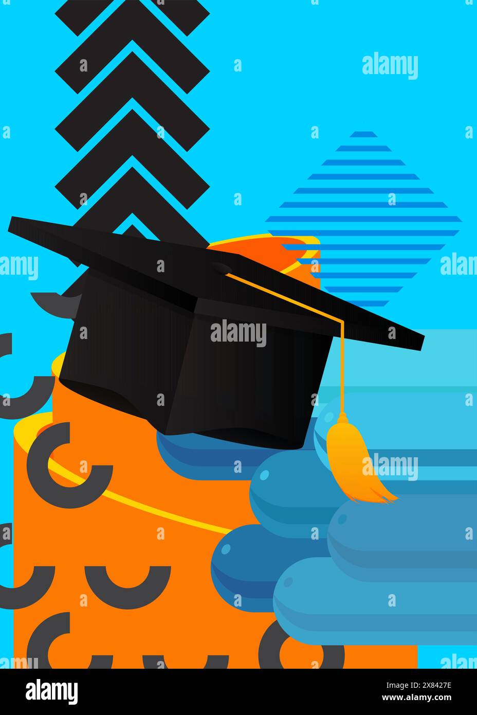 Yellow black and blue Graduation Cap, mortar board with geometrical ...