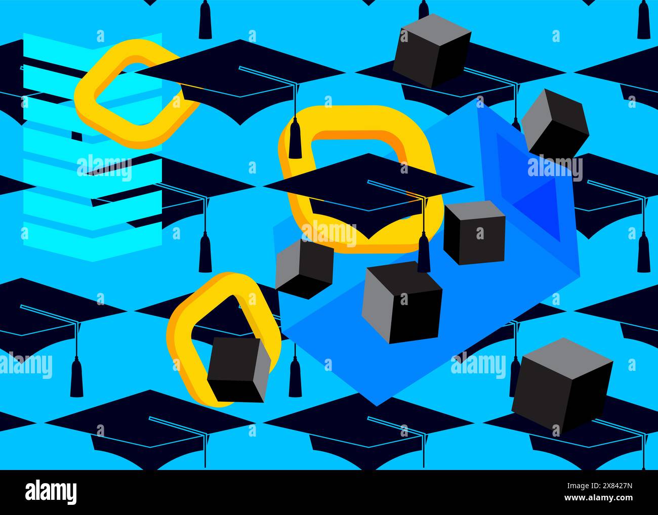 Yellow black and blue Graduation Cap, mortar board with geometrical ...