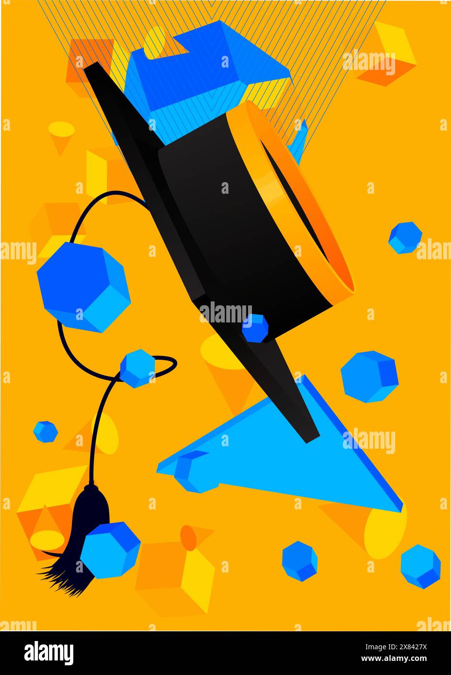 Yellow black and blue Graduation Cap, mortar board with geometrical ...