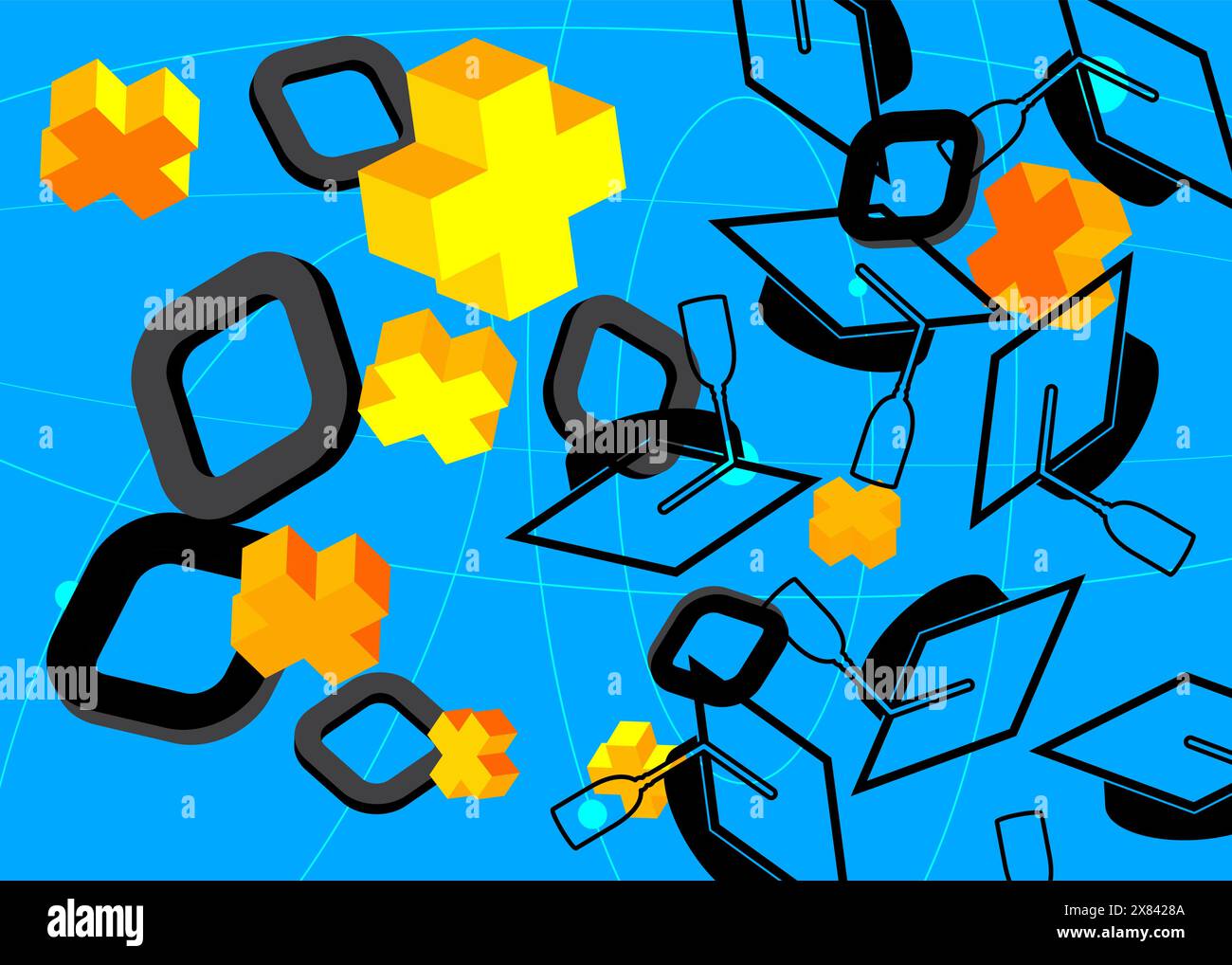 Yellow black and blue Graduation Cap, mortar board with geometrical ...