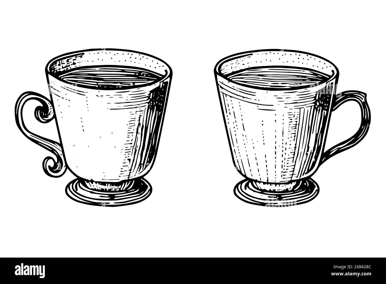 Set of vintage cups or mugs hand drawn ink sketch. Engraved style ...