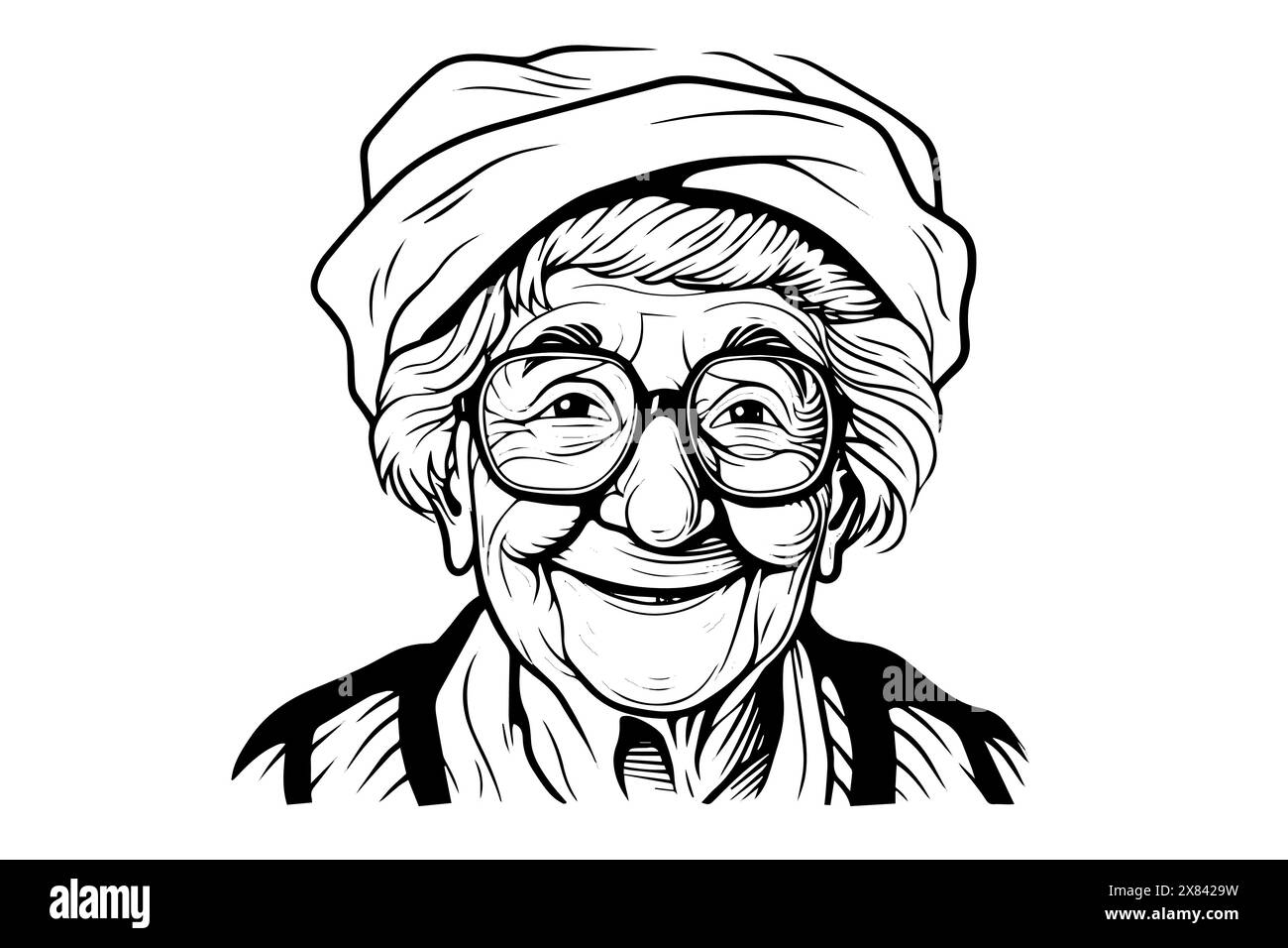 Cute smiling granny hand drawn ink sketch. Engraved style vector ...