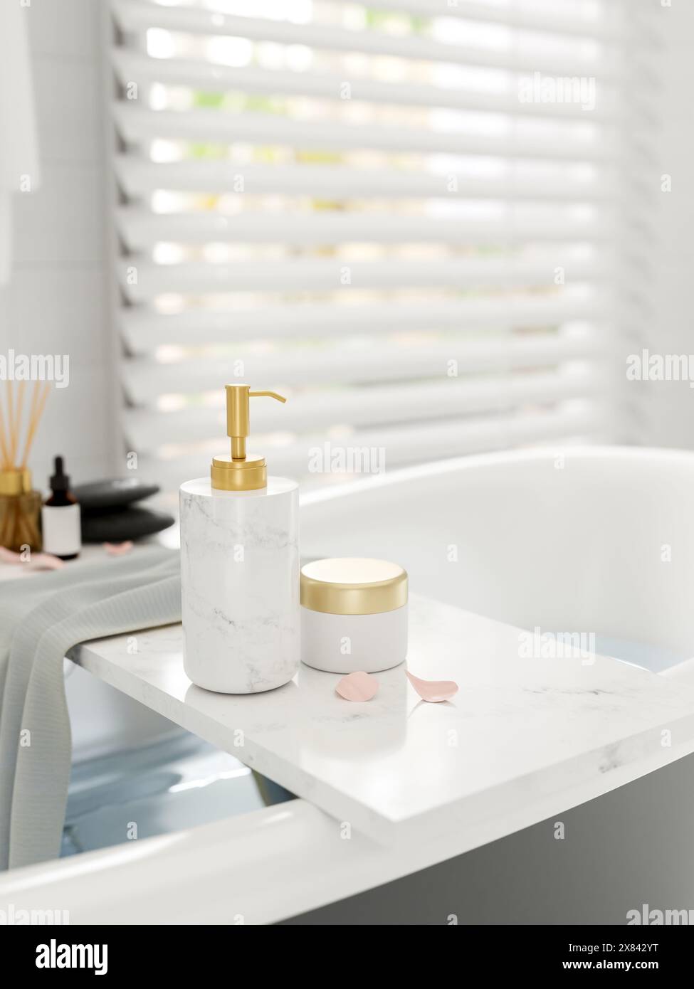 A luxury white marble shampoo bottle and a cream jar on a luxury white ...