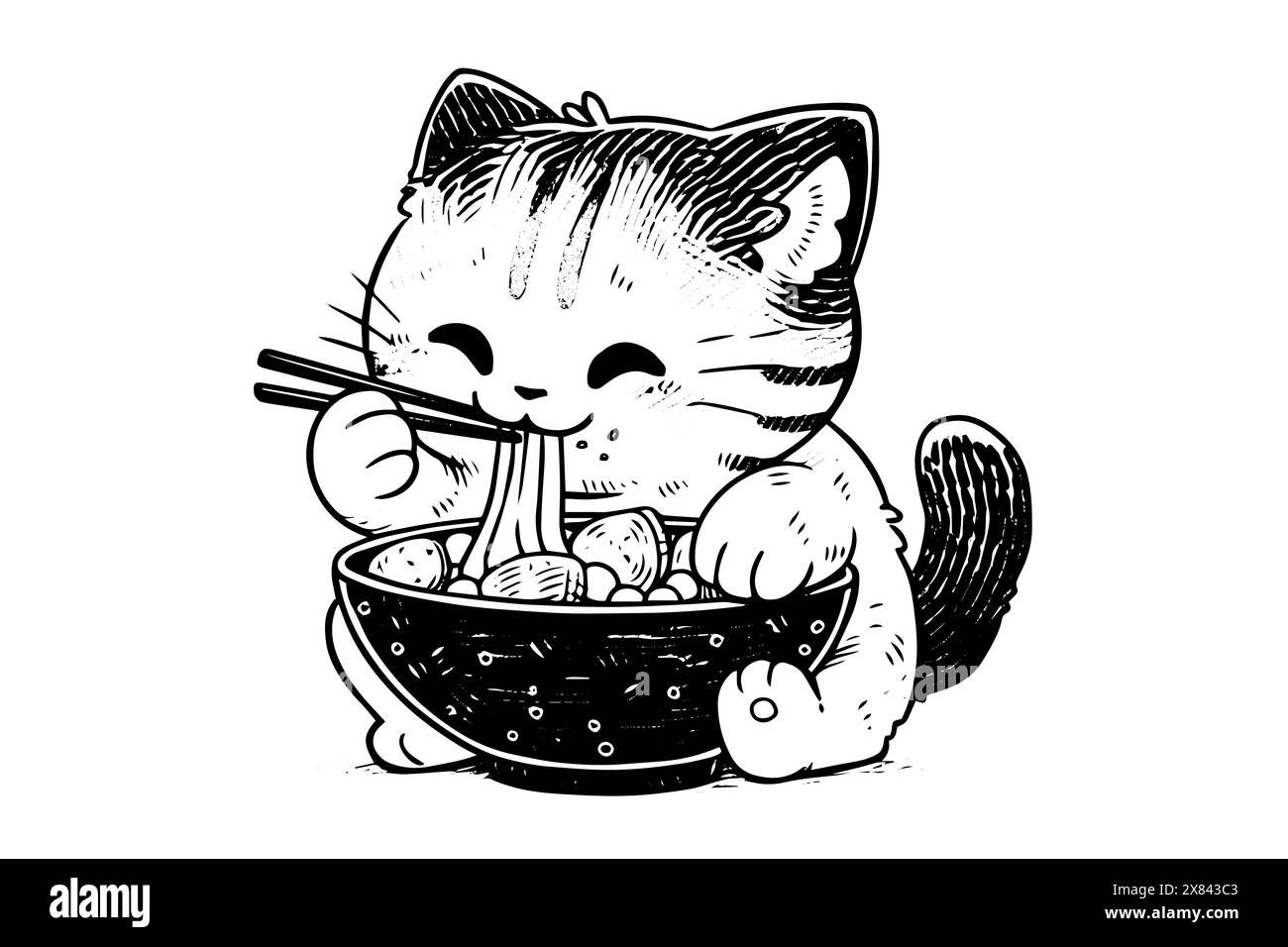 Cute cat eats noodles hand drawn ink sketch. Vector illustration Stock ...