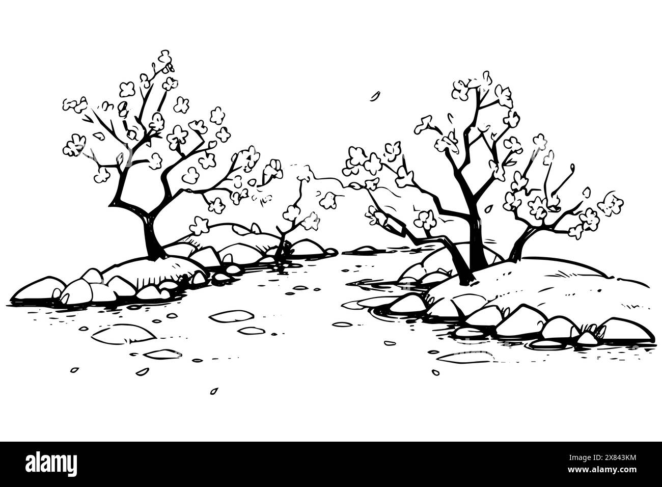Minimalistic sakura tree landscape hand drawn ink sketch. Engraved ...