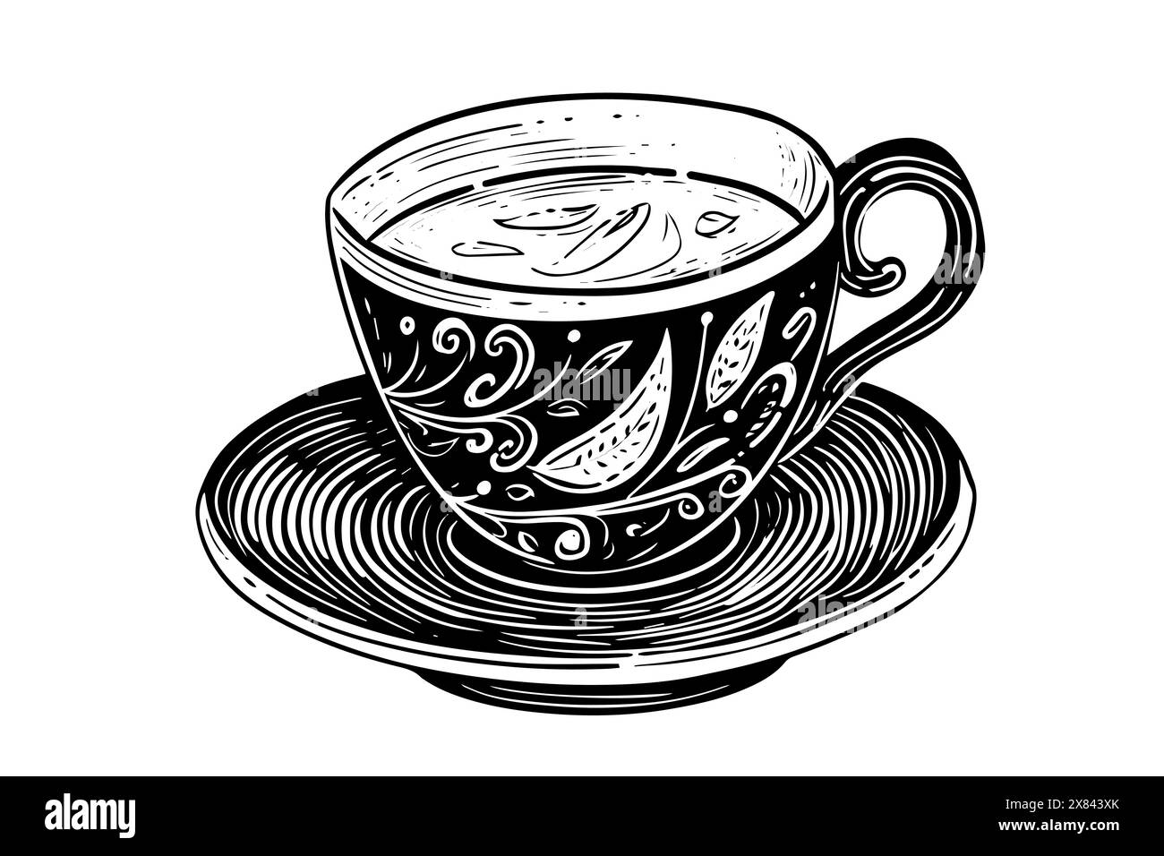 Vintage cup on a plate hand drawn ink sketch. Engraved style vector ...