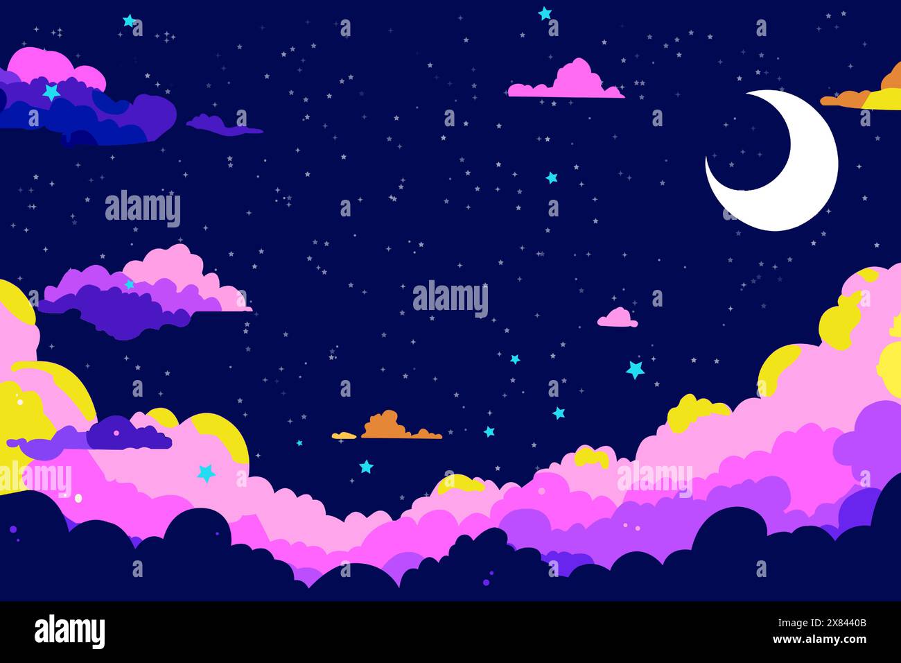 Cartoon starry background. Cloud, crescent and stars in darkness vector ...