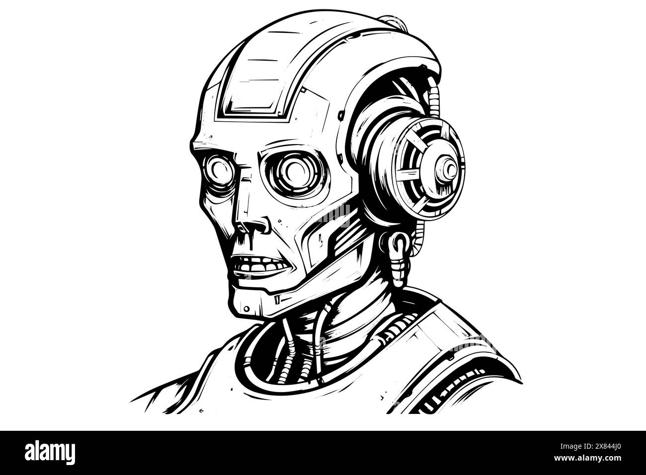 Hand-Drawn AI Robot Cyborg in a Timeless Vintage Engraved Style. Vector ...