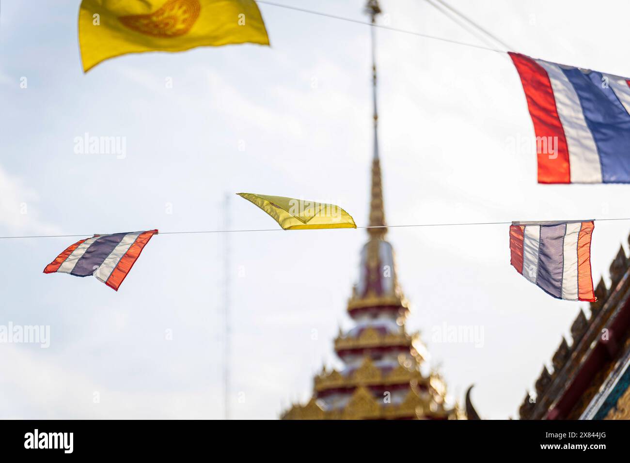 Thai flags and Thai monarchy flags are seen flying in the air with the ...