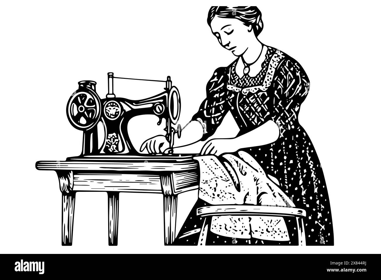 A Seamstress Woman Works At A Retro Sewing Machine In Egraving Style