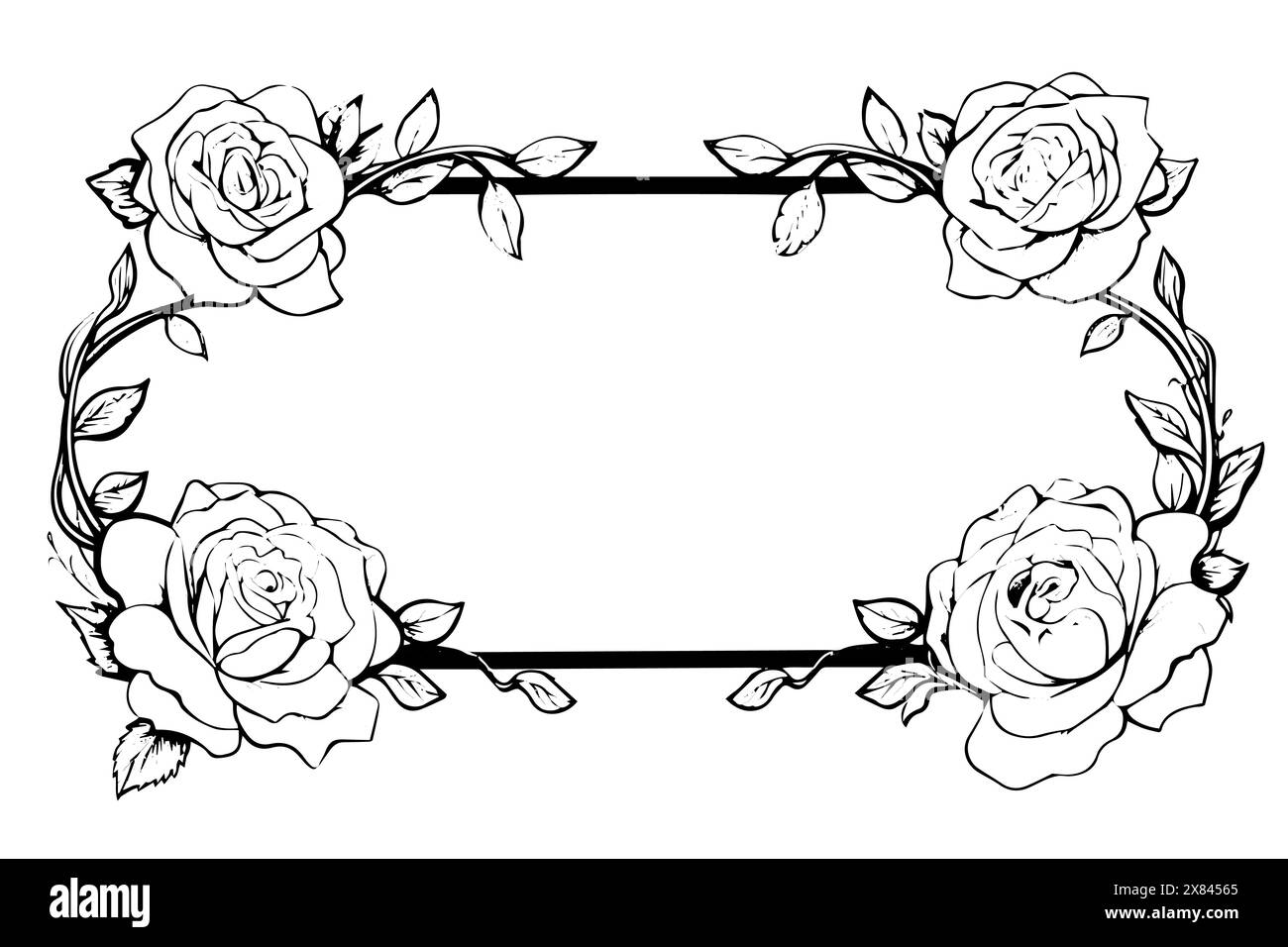 Vintage Floral Frame: Hand-Drawn Rose Border in Simple Black and White ...