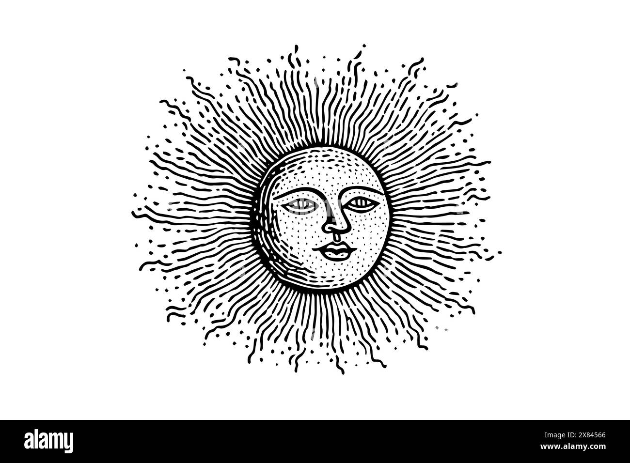 Vintage Celestial Face: Engraved Retro Vector Illustration of Sun and ...