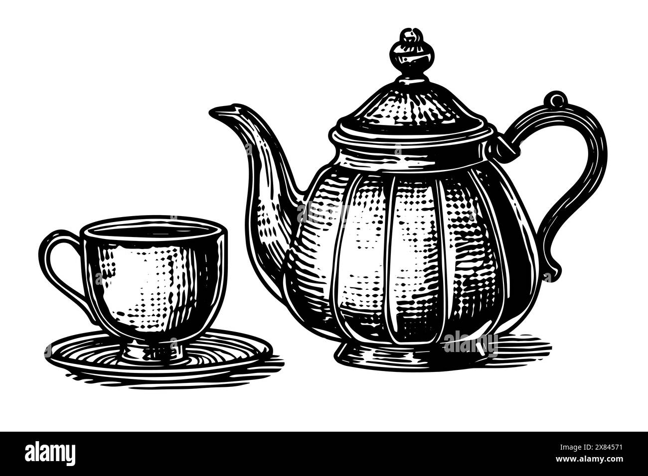 Teapot and teacup hand drawn ink sketch. Engraved style retro vector ...